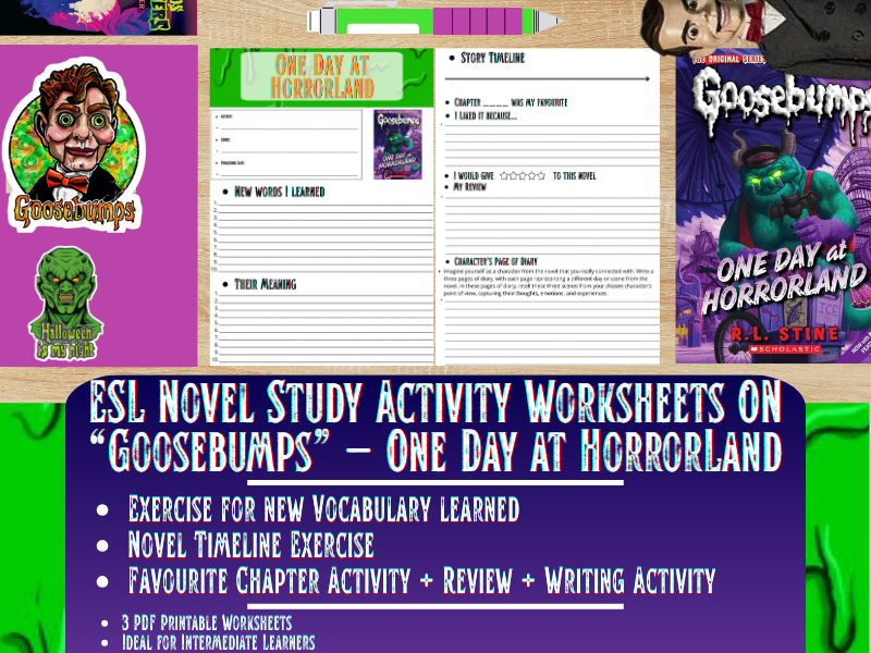 ESL Novel Study Worksheets - One Day at HorrorLand - Goosebumps - R.L ...