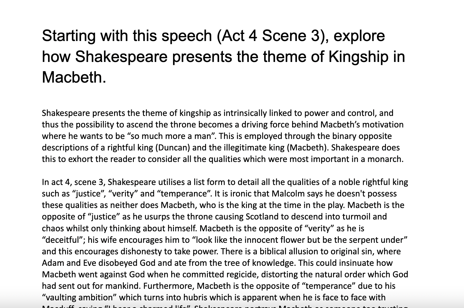 Grade 9 Kingship In Macbeth Essay Act 4 Scene 3 And Whole Play