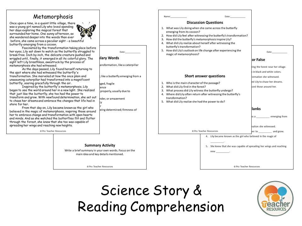 Metamorphosis Reading Science Story Comprehension Questions Worksheet ...