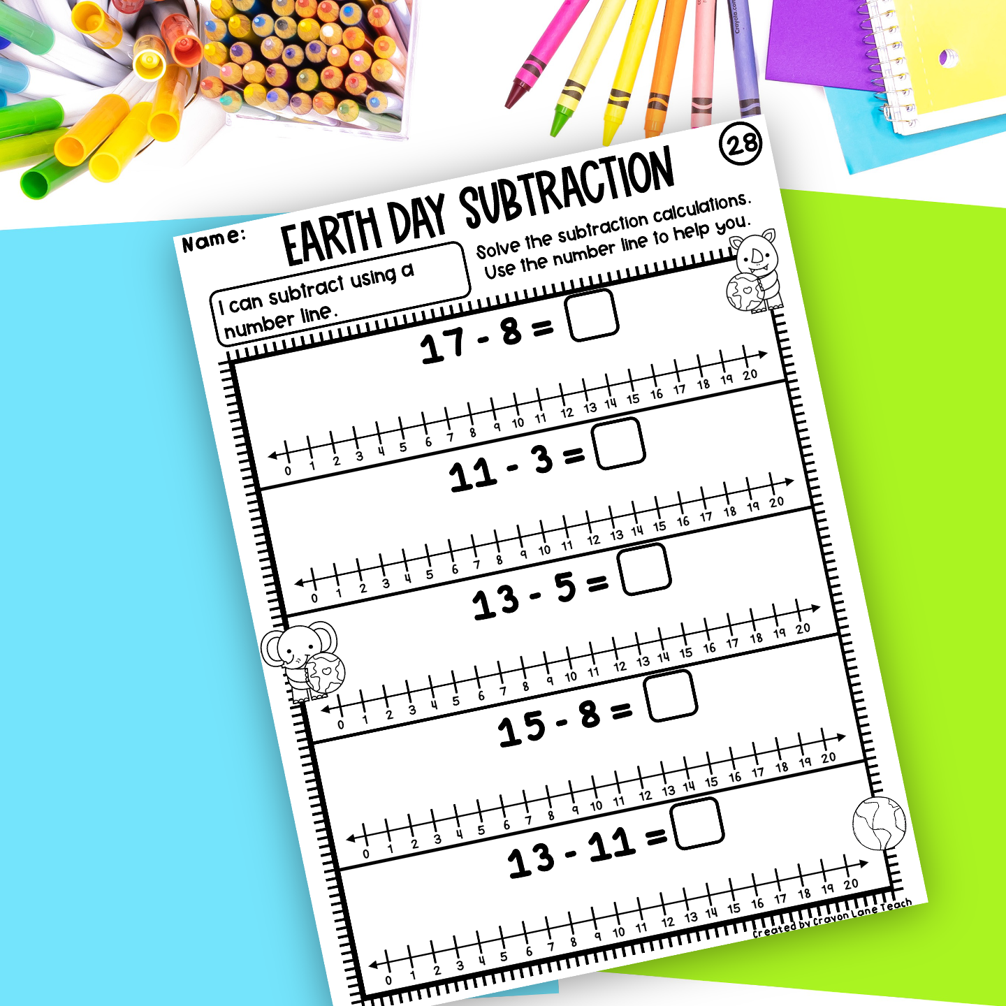 Earth Day Subtraction within 20 Worksheets on Number Line Activities ...