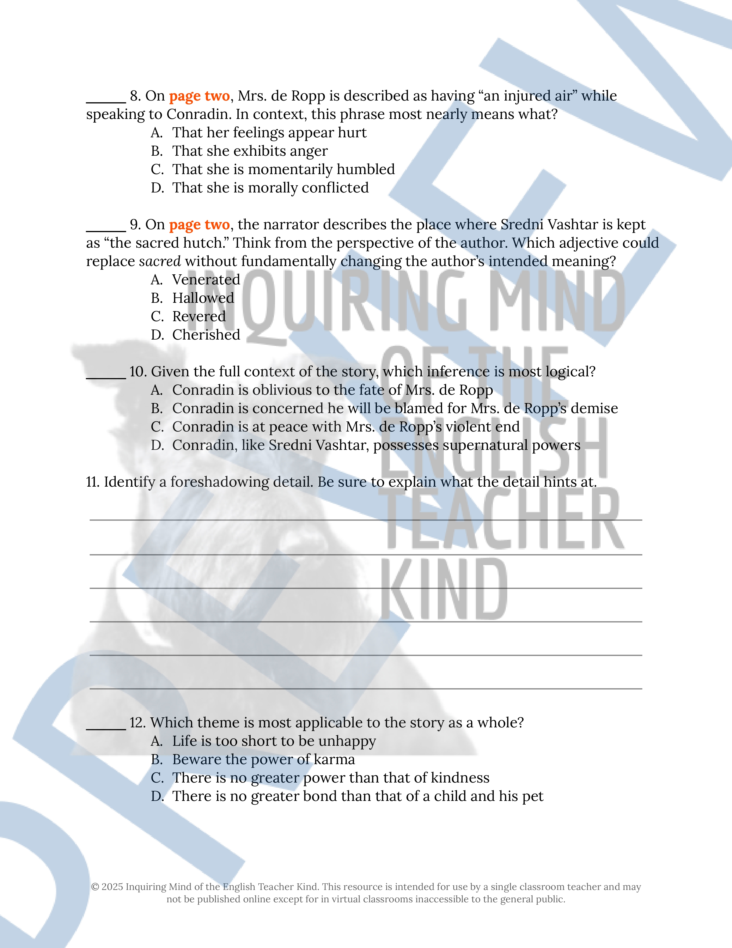 "Sredni Vashtar" by Saki Close Reading Analysis Worksheet (Halloween ...
