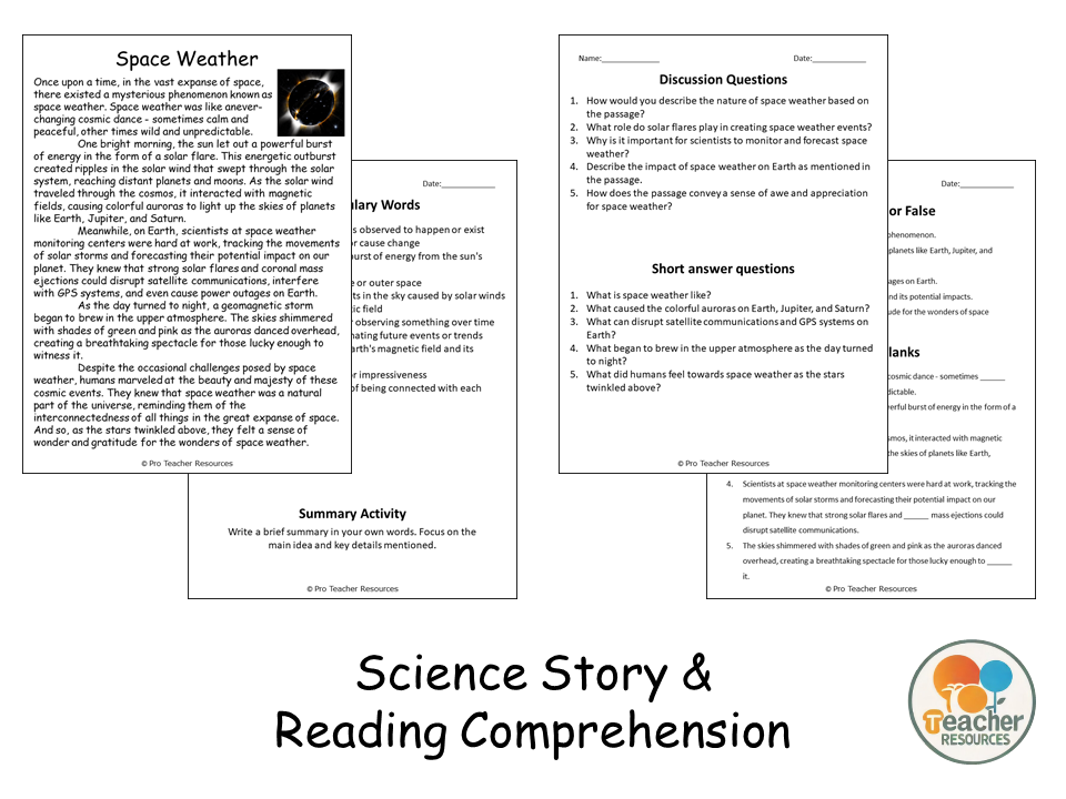 Space Weather Reading Science Story Comprehension Questions Worksheet ...