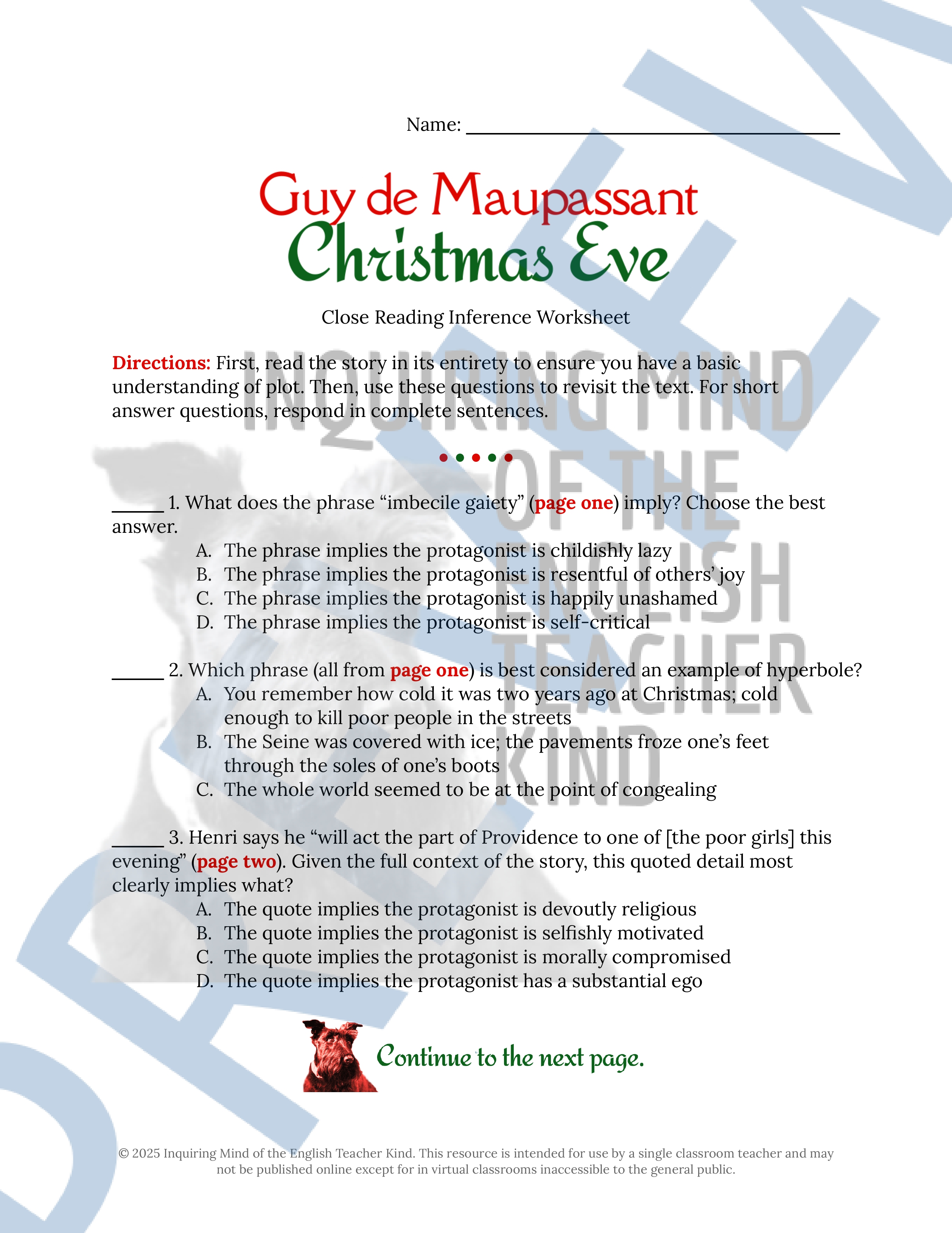 "Christmas Eve" by Guy de Maupassant Literary Analysis Worksheet ...