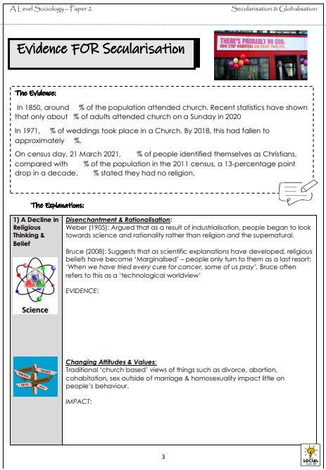 AQA A level Sociology - Beliefs in Society - Secularisation ...