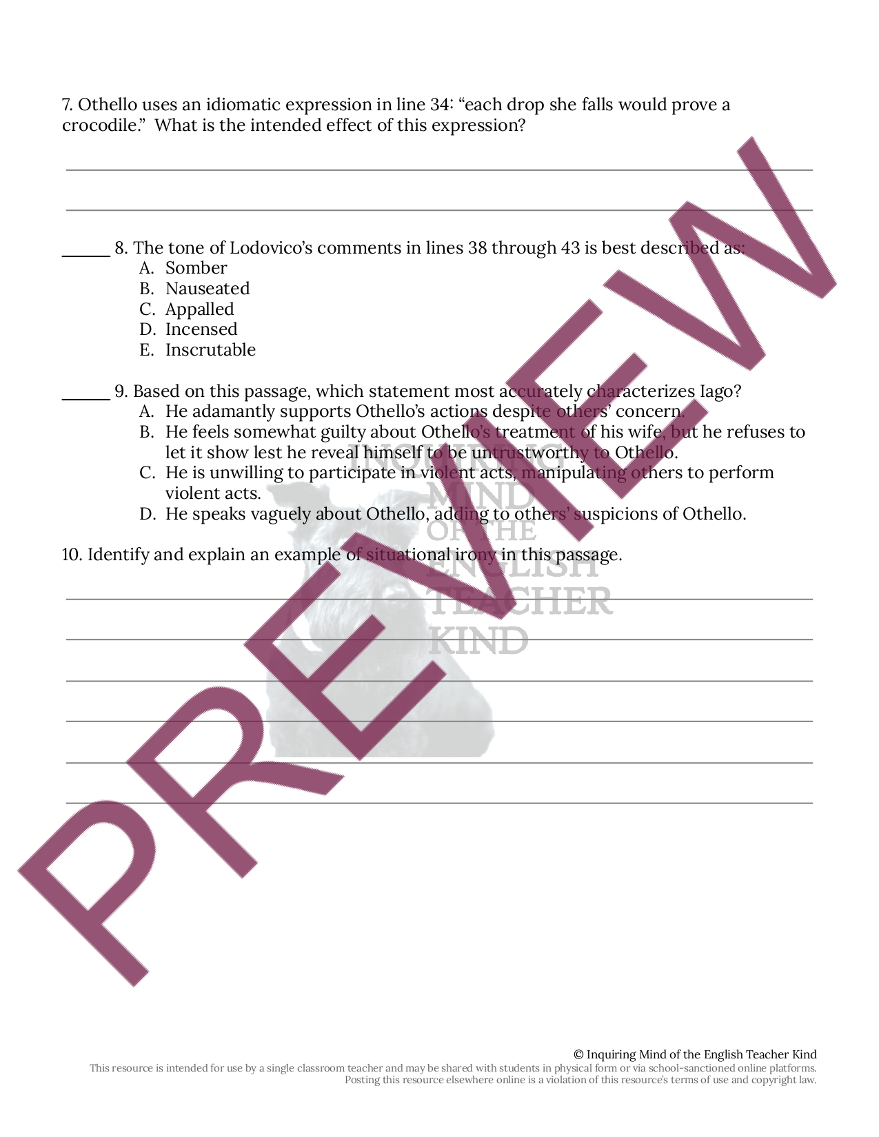 Othello Act 4 Scene 1 Close Reading Worksheet | Teaching Resources