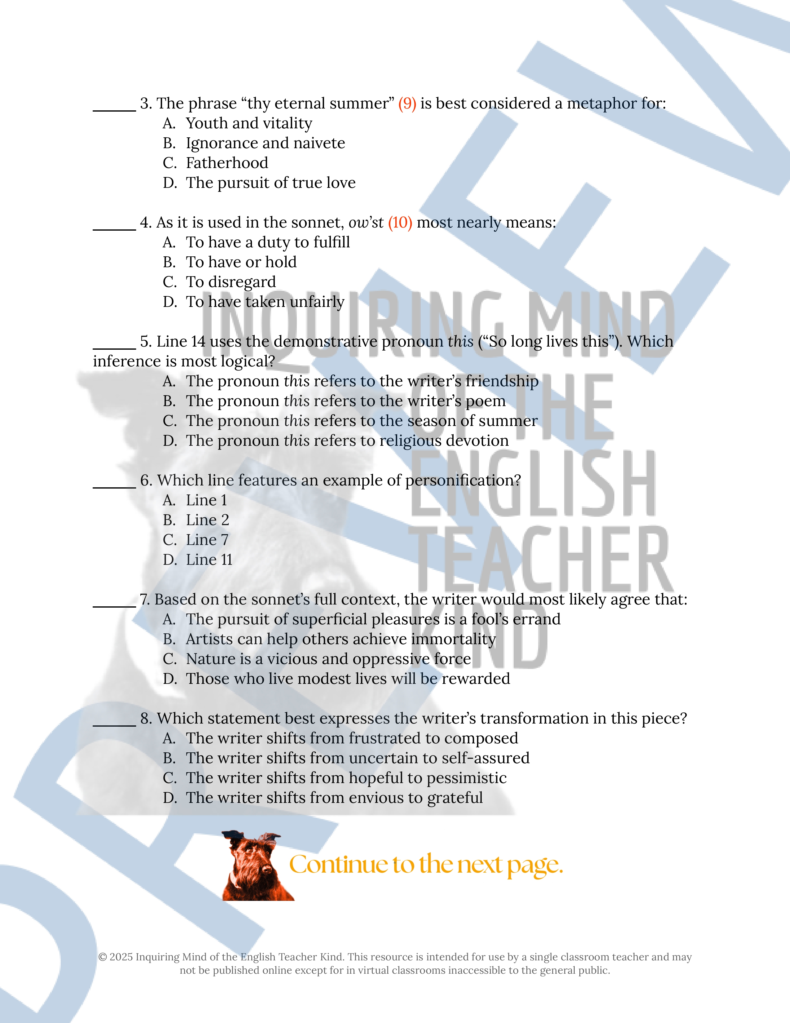 Shakespeare's Sonnet 18 Close Reading Worksheet and Answer Key | Poetry ...