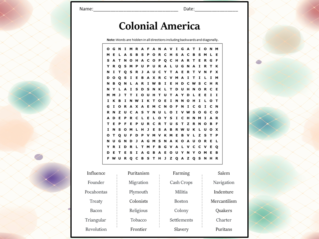 Colonial America Word Search Puzzle Worksheet Activity | Teaching Resources