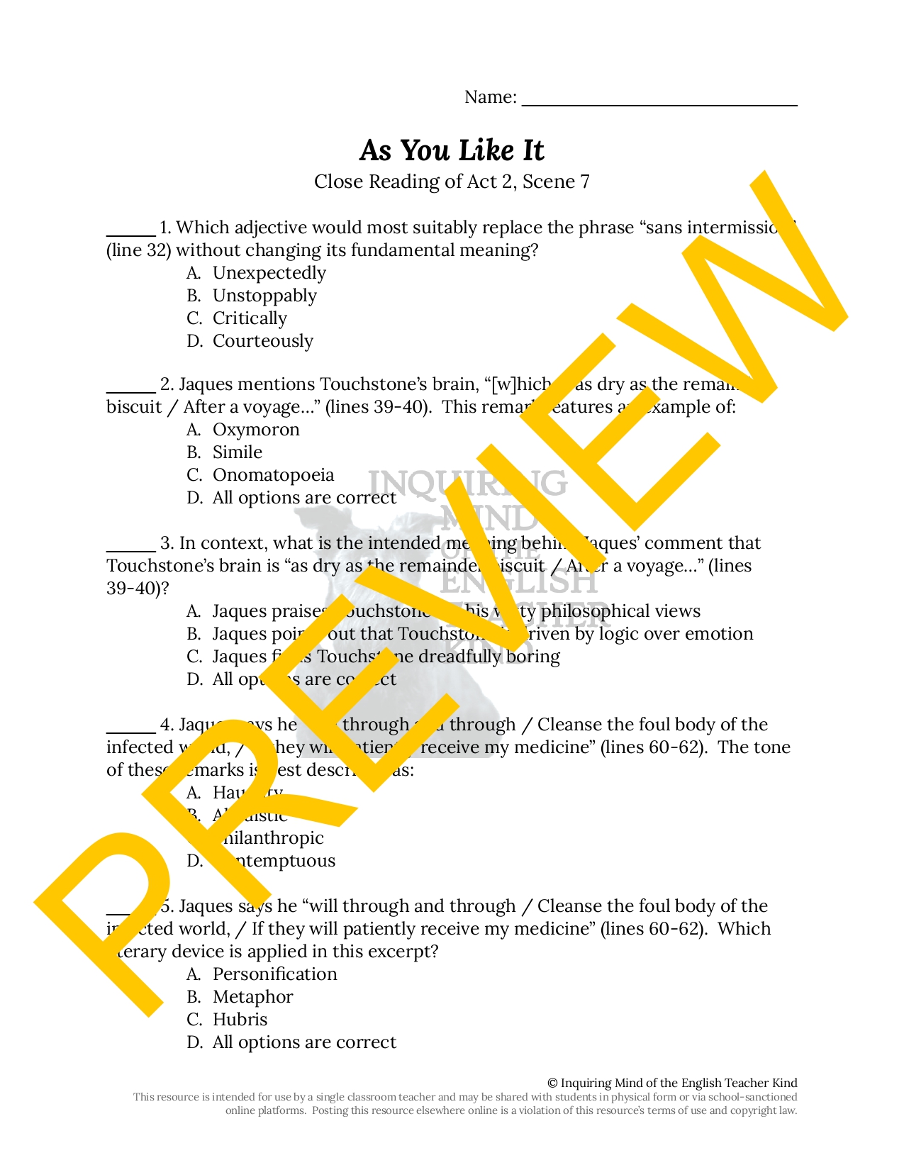 As You Like It Act 2 Scene 7 Close Reading Worksheet | Teaching Resources