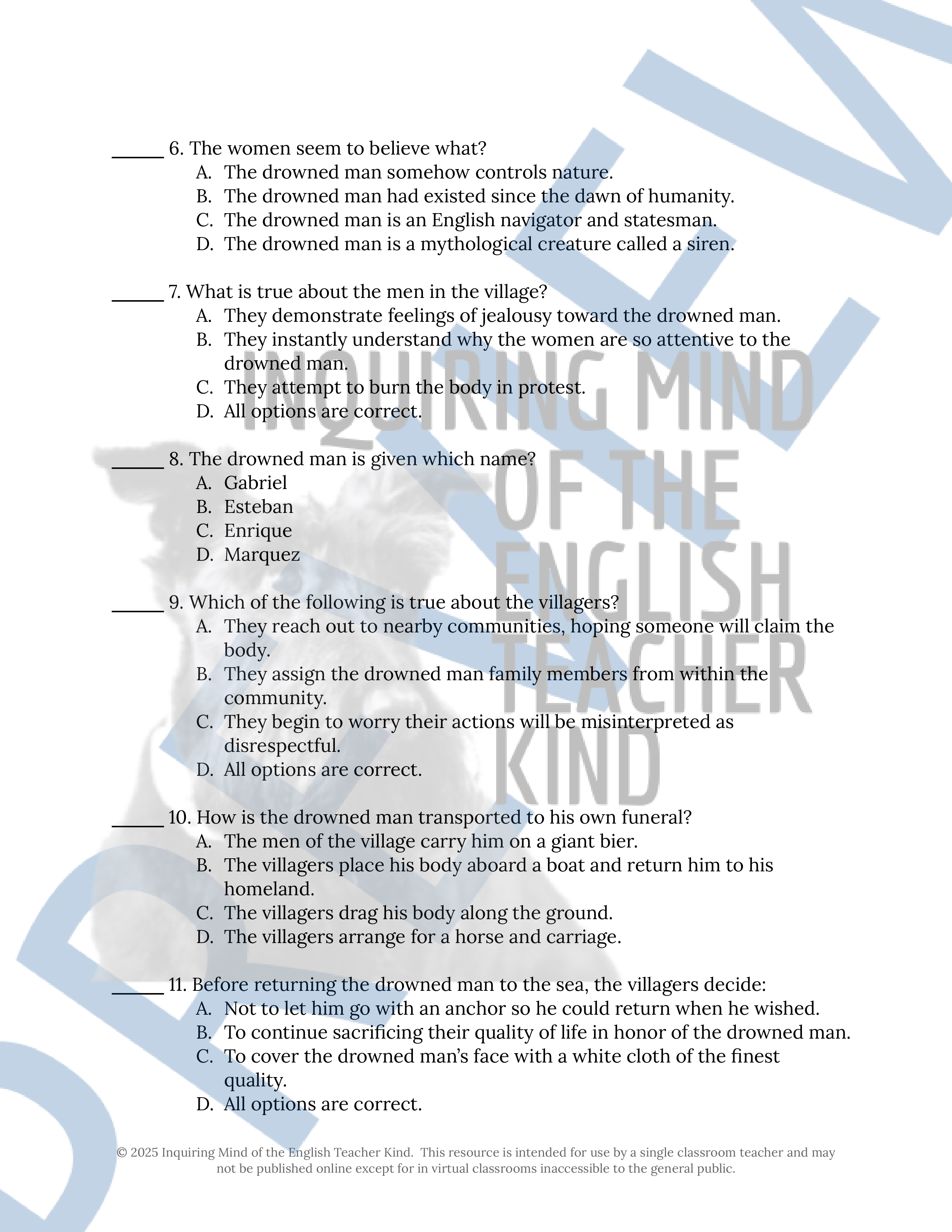 "The Handsomest Drowned Man in the World" Quiz and Answer Key ...