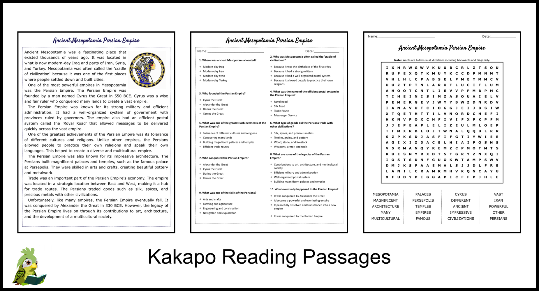 Ancient Mesopotamia Persian Empire Reading Comprehension and Word ...