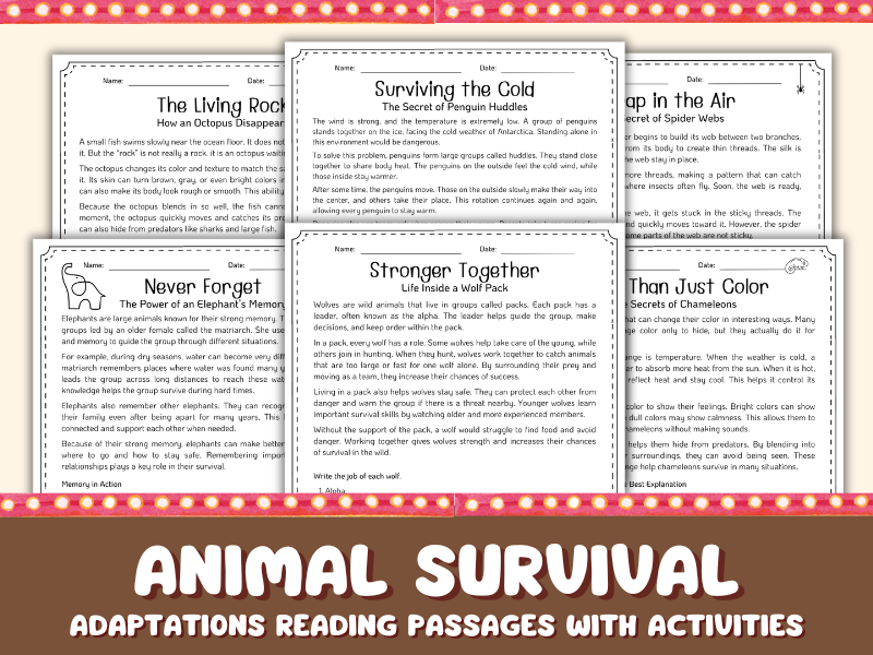 Animal Survival & Adaptations Reading Passages with Activities ...