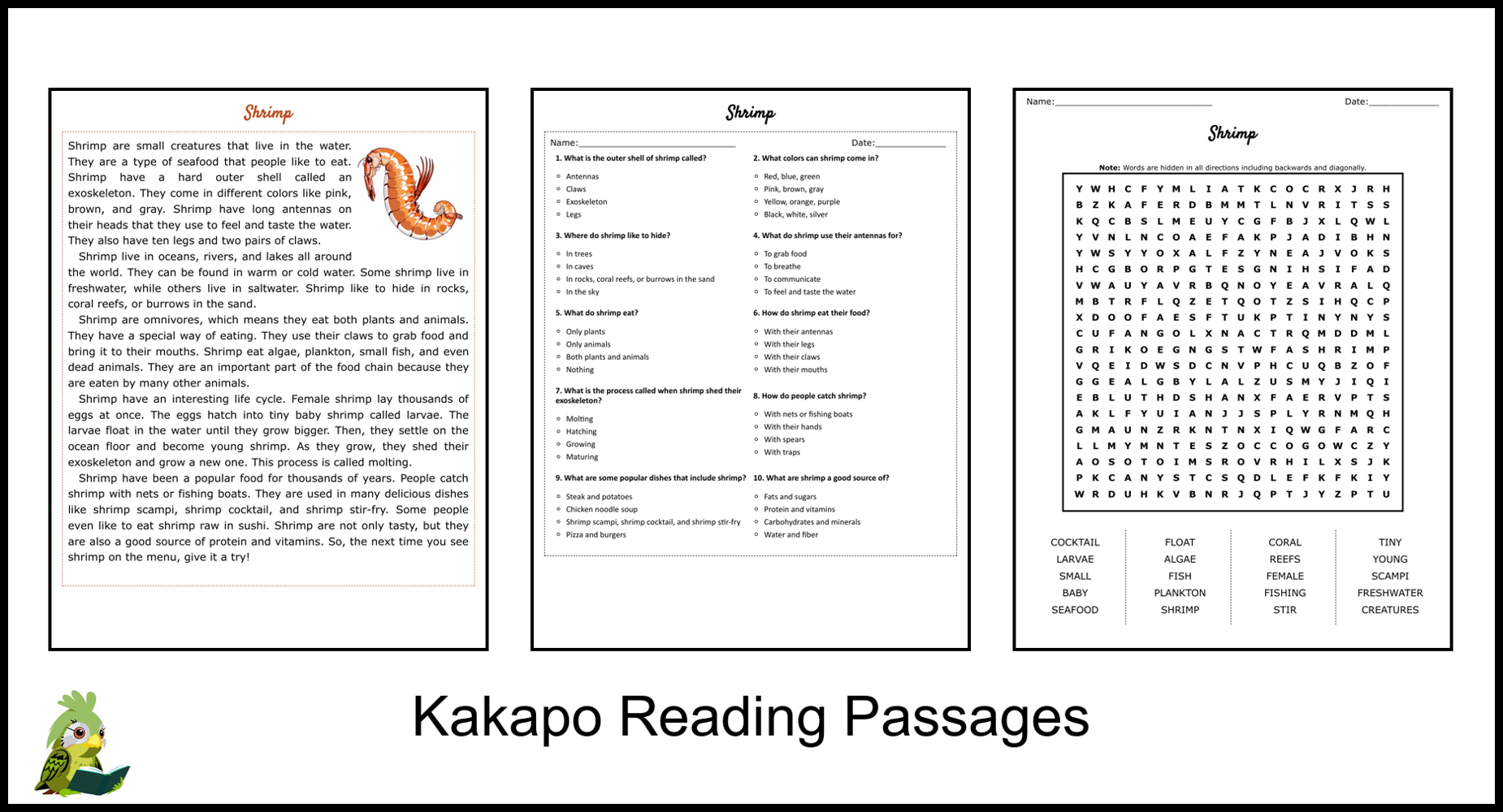 Shrimp Reading Comprehension and Word Search | Teaching Resources