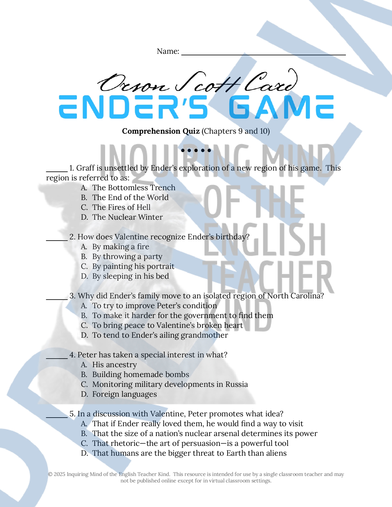 Ender's Game Chapters 9 and 10 Quiz and Answer Key | Teaching Resources