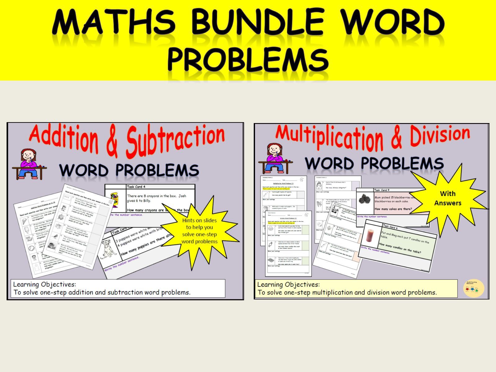 Addition Subtraction Multiplication Division Maths Word Problem Bundle