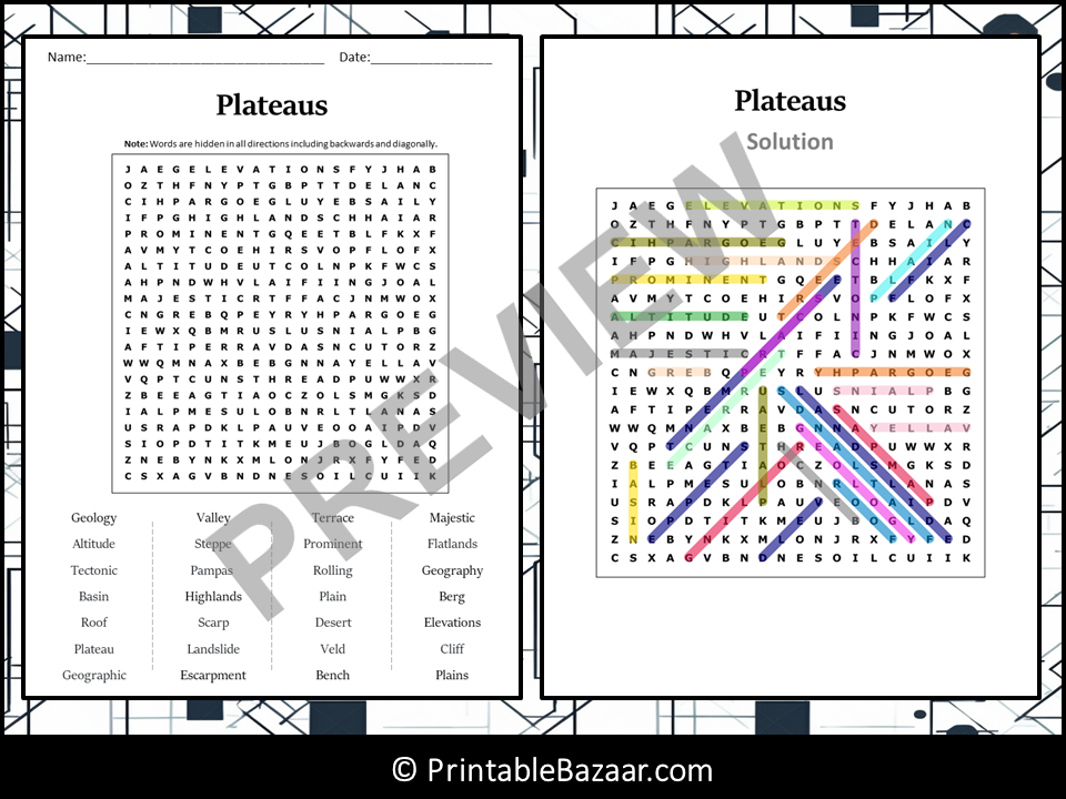 Plateaus Word Search Puzzle Worksheet Activity | Teaching Resources