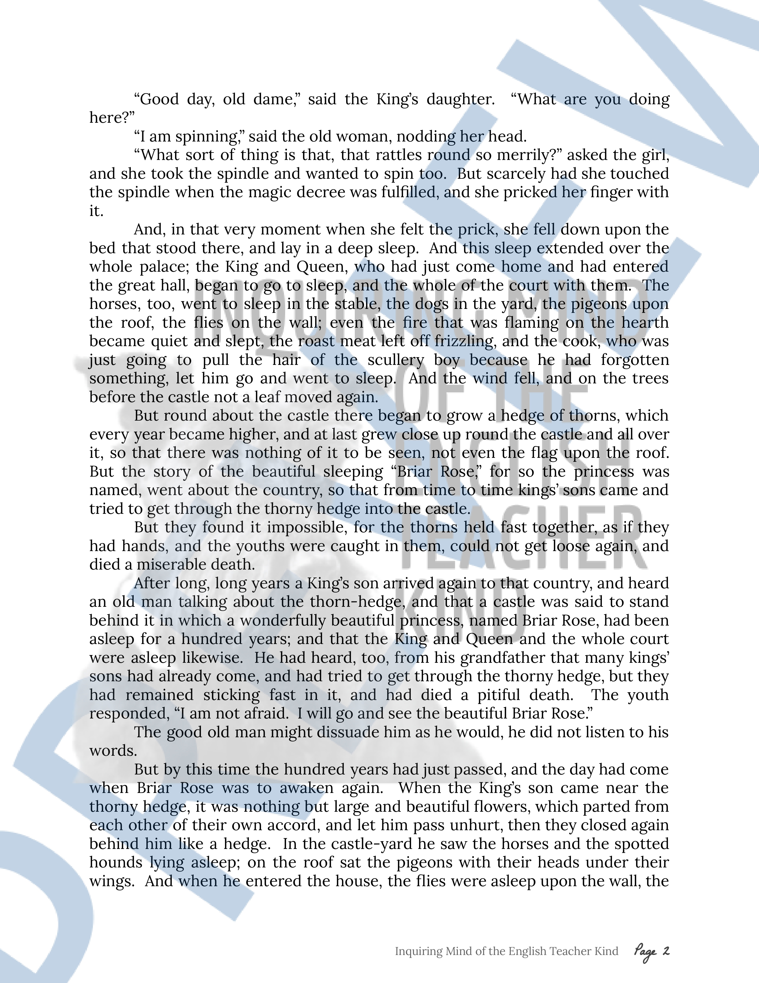 "Sleeping Beauty" Literary Craft Worksheet (Grimm's Fairy Tale | Short ...