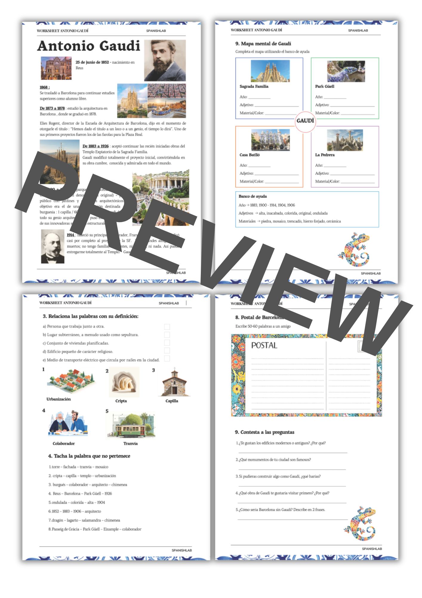Antonio Gaudí Spanish Reading Comprehension A2-B1 | Culture Activities ...