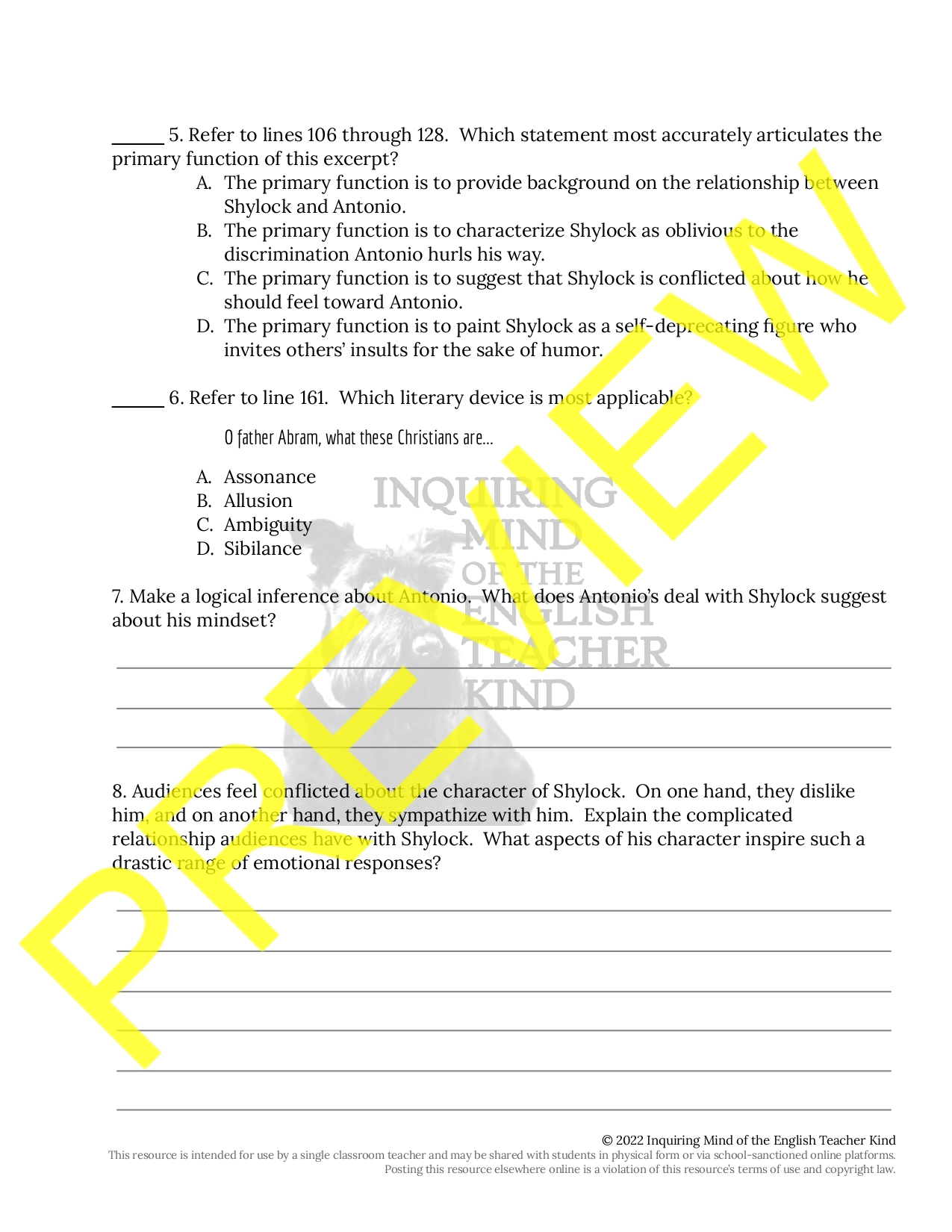 The Merchant of Venice Act 1 Scene 3 Close Reading Analysis Activity | Teaching Resources