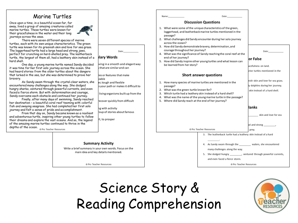 Marine Turtles Reading Science Story Comprehension Questions Worksheet ...
