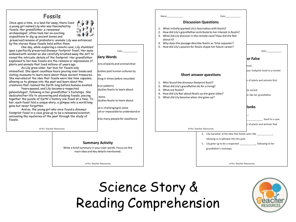 Fossils Reading Science Story Comprehension Questions Worksheet ...
