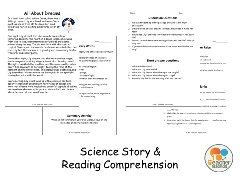 All About Dreams Reading Science Story Comprehension Questions ...
