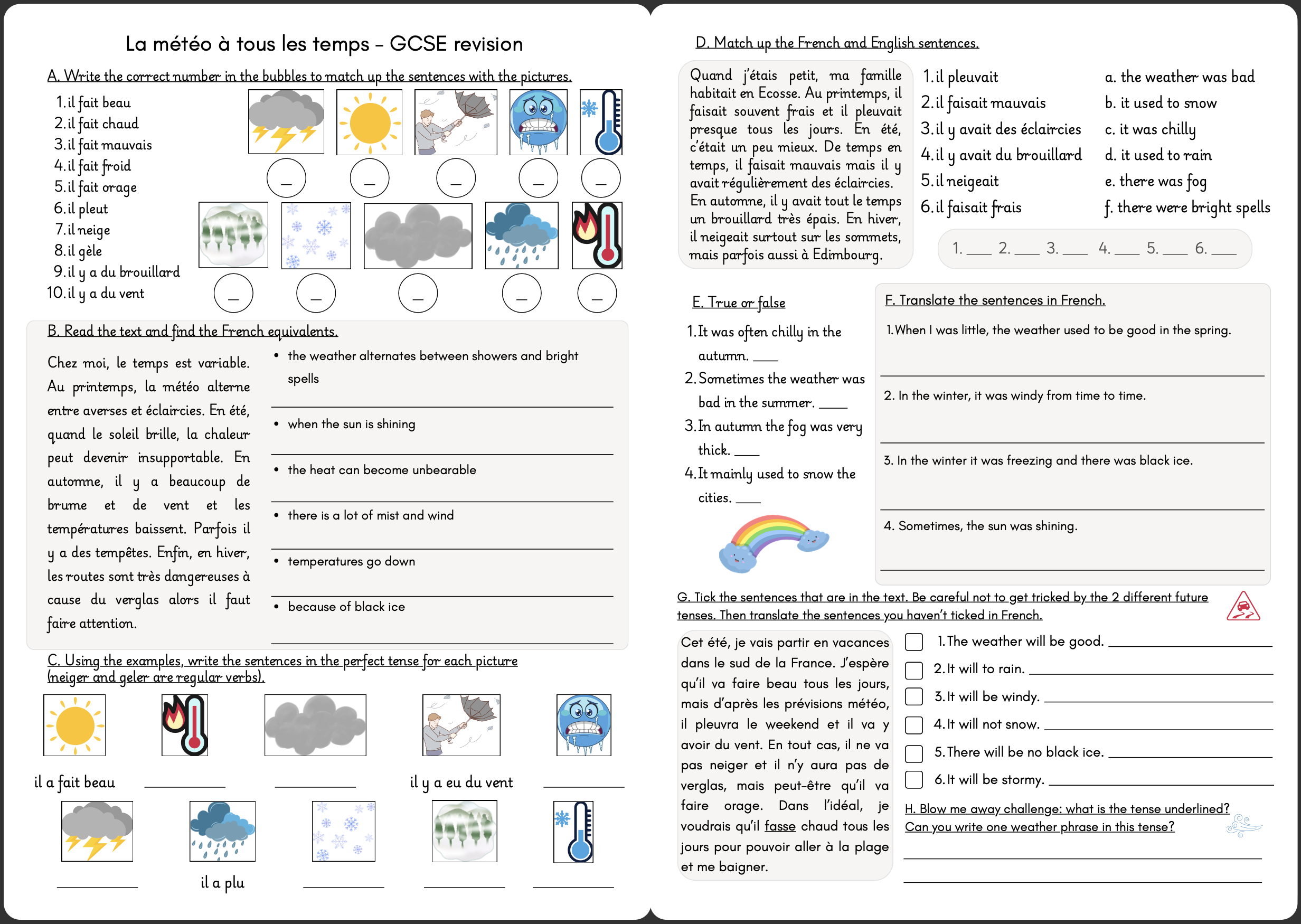 La météo à tous les temps - Weather and tenses worksheet - GCSE French ...
