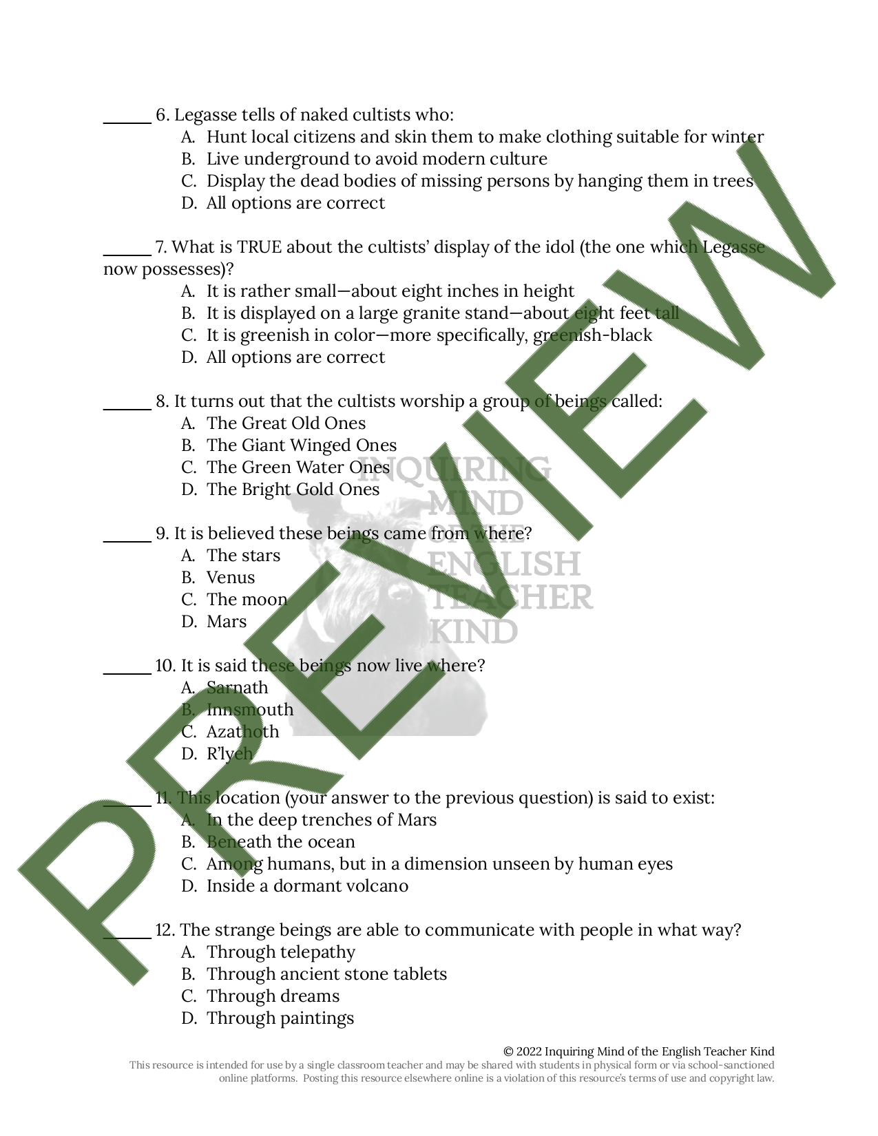 “The Call of Cthulhu” by H.P. Lovecraft Quiz and Answer Key | Teaching ...