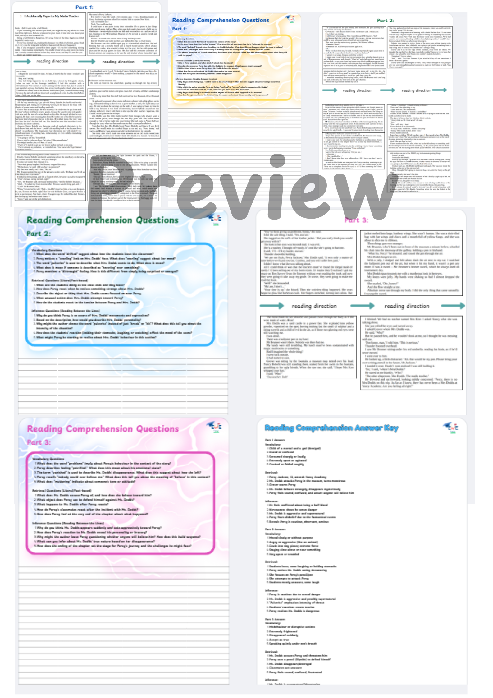 Percy Jackson and The Lightning Thief - Reading Comprehension, 3 parts ...