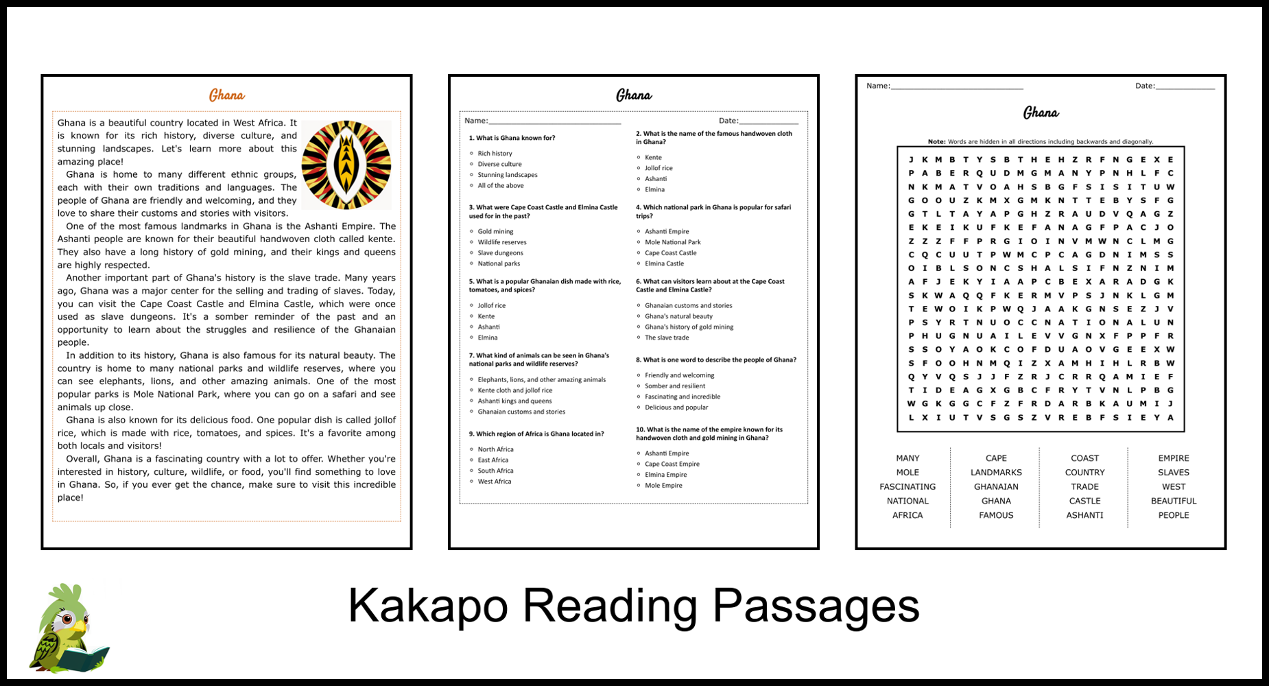 Ghana Reading Comprehension and Word Search | Teaching Resources