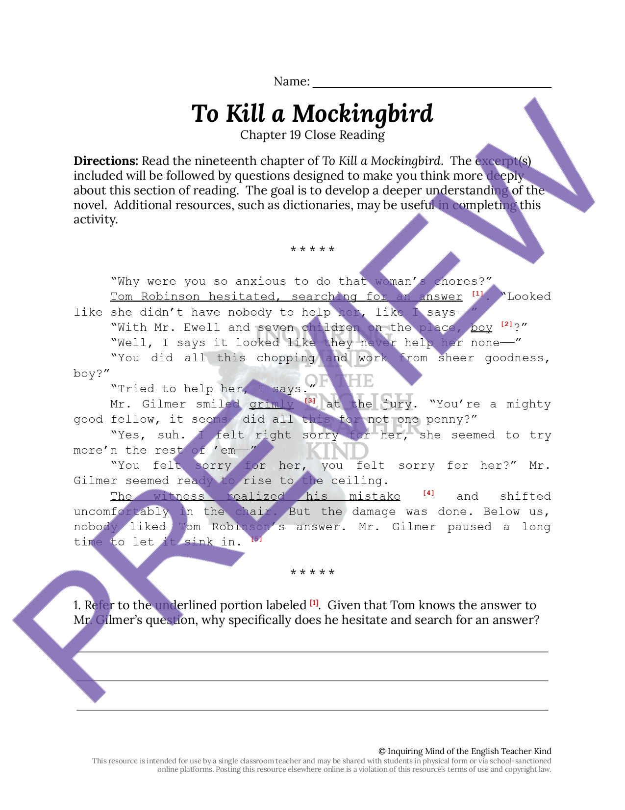 To Kill a Mockingbird Chapter 19 Close Reading Worksheet | Teaching ...