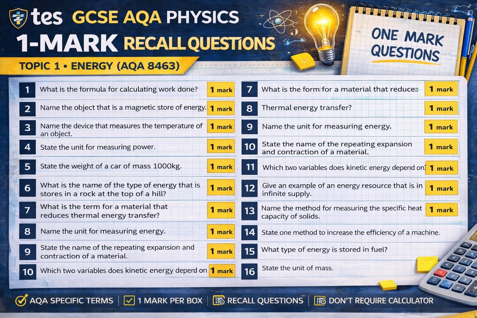 GCSE AQA Physics Energy Topic Pack – Revision, Worksheets, 1–6 Mark ...