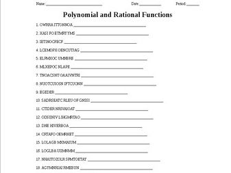 Polynomial and Rational Functions Word Scramble for a Pre. Calculus ...