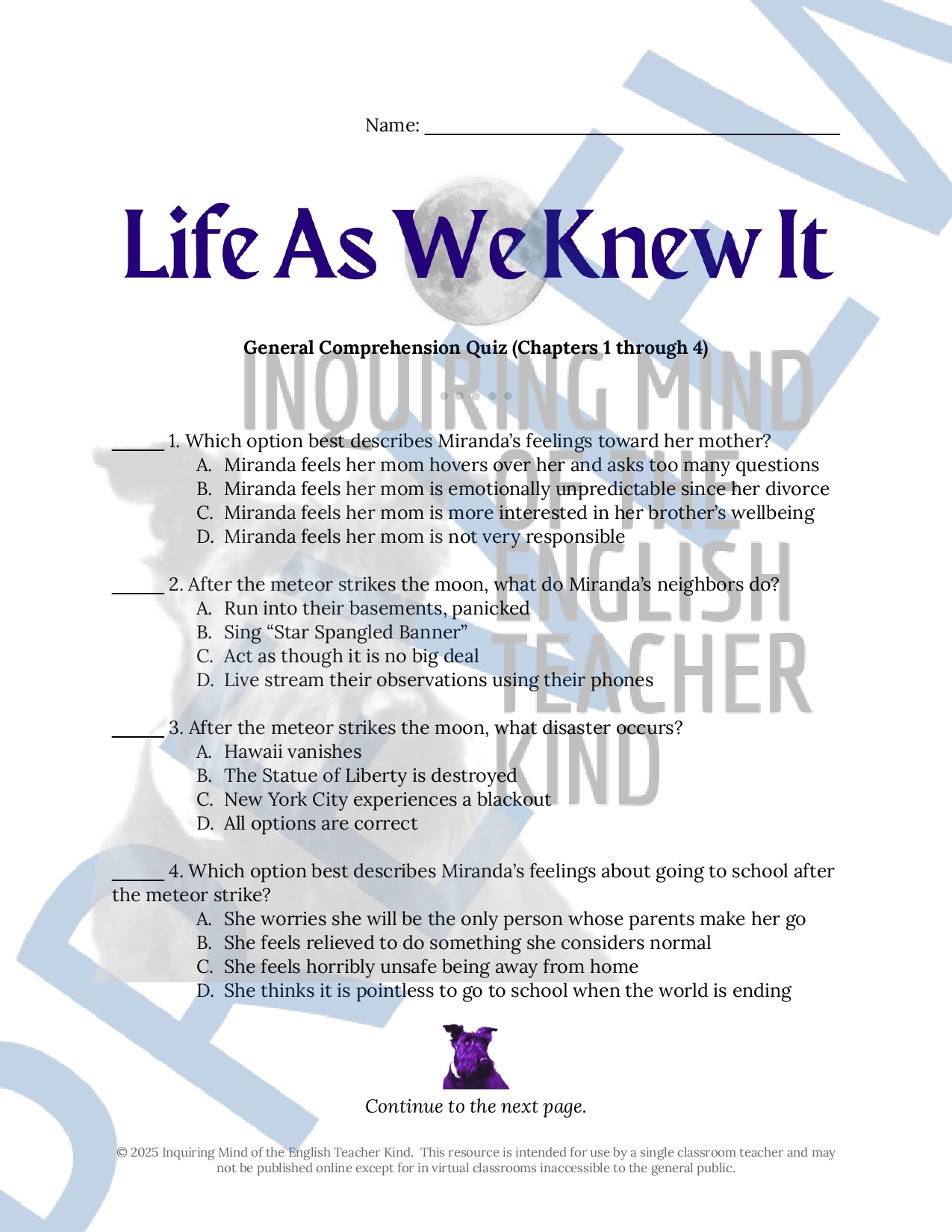 Life As We Knew It Chapters 1 through 4 Quiz and Answer Key | Teaching ...