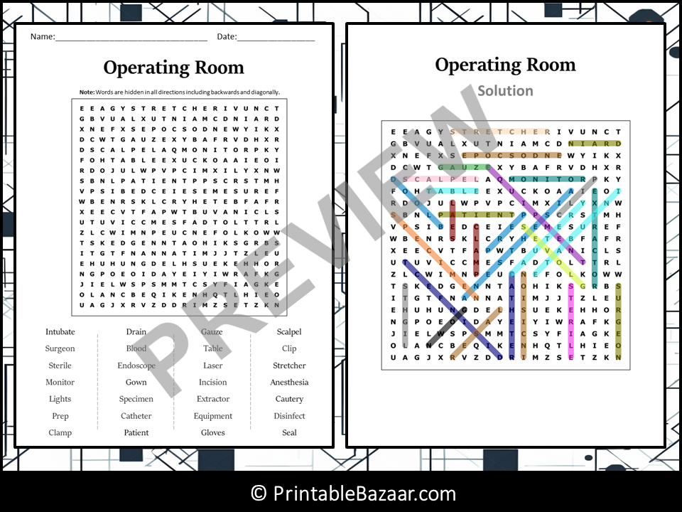 Operating Room Word Search Puzzle Worksheet Activity | Teaching Resources