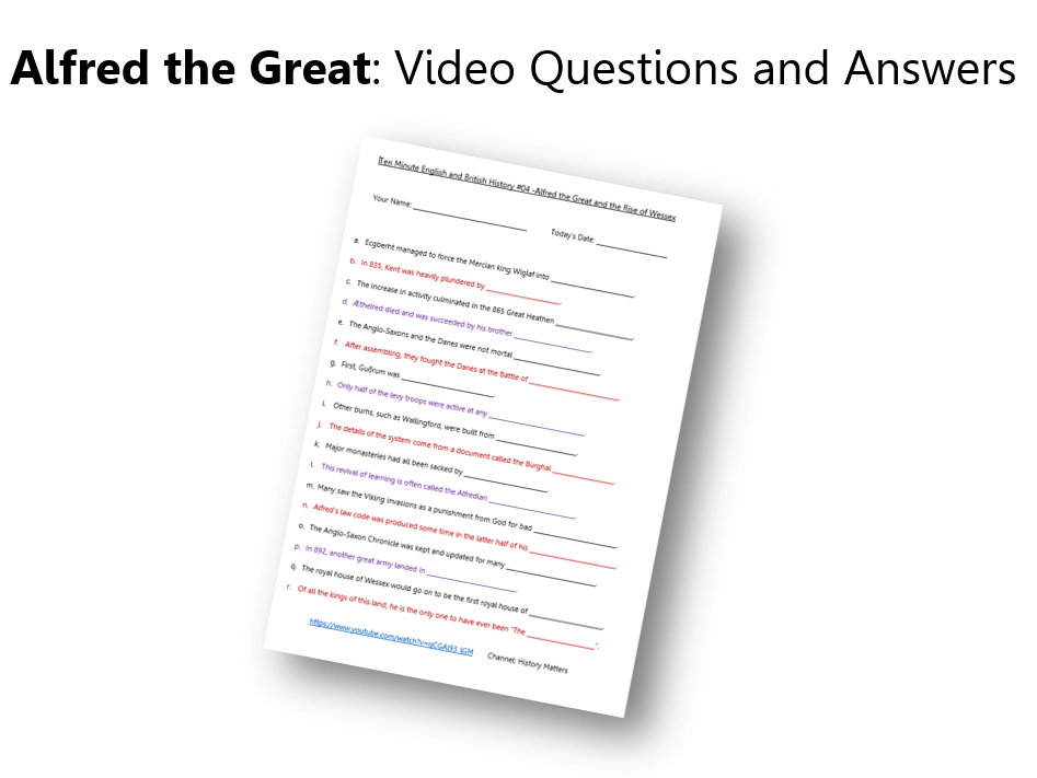 Alfred The Great - Summary Video Questions | Teaching Resources