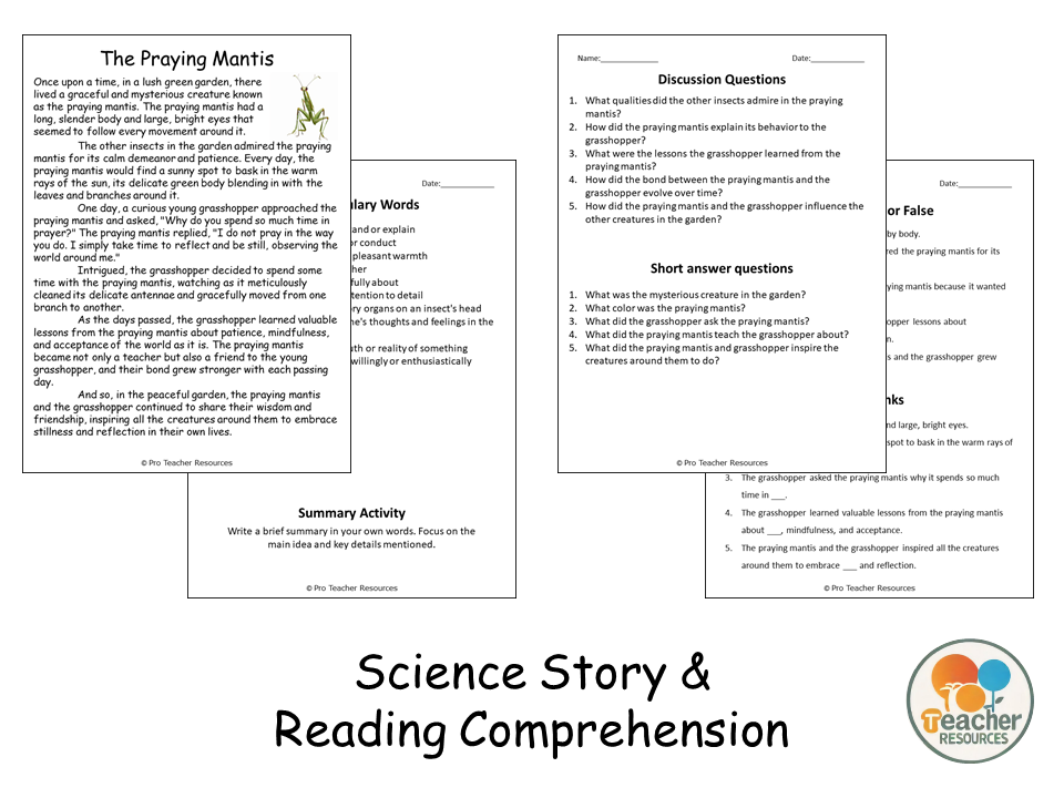 The Praying Mantis Reading Science Story Comprehension Questions ...