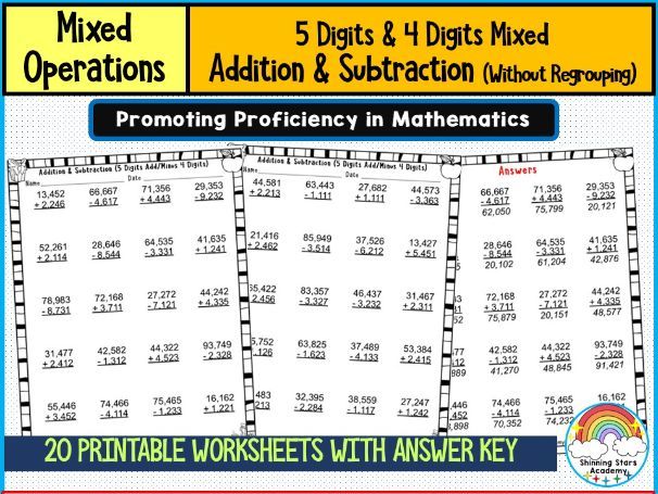 5-Digit & 4-Digit Mixed Addition & Subtraction Without Regrouping ...