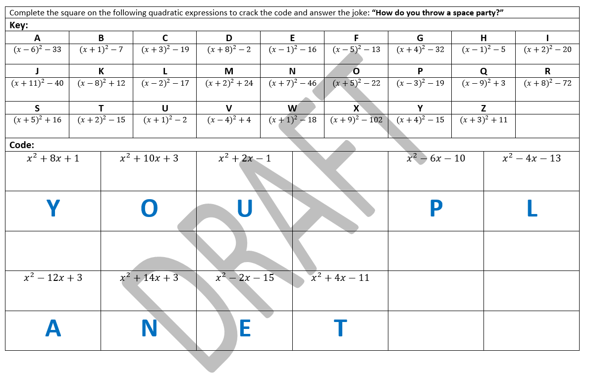 Completing the Square Codebreakers | Teaching Resources