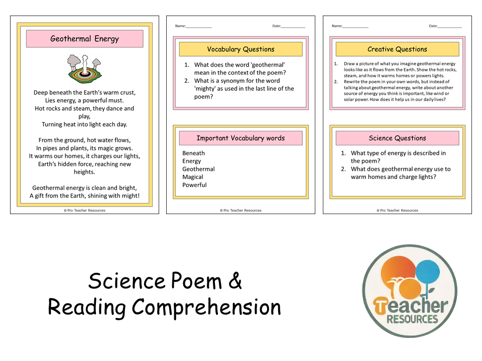Geothermal Energy Poem Reading Comprehension Questions Worksheet ...