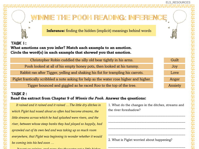 Winnie the Pooh English Reading Skills Inference Worksheet | Teaching ...