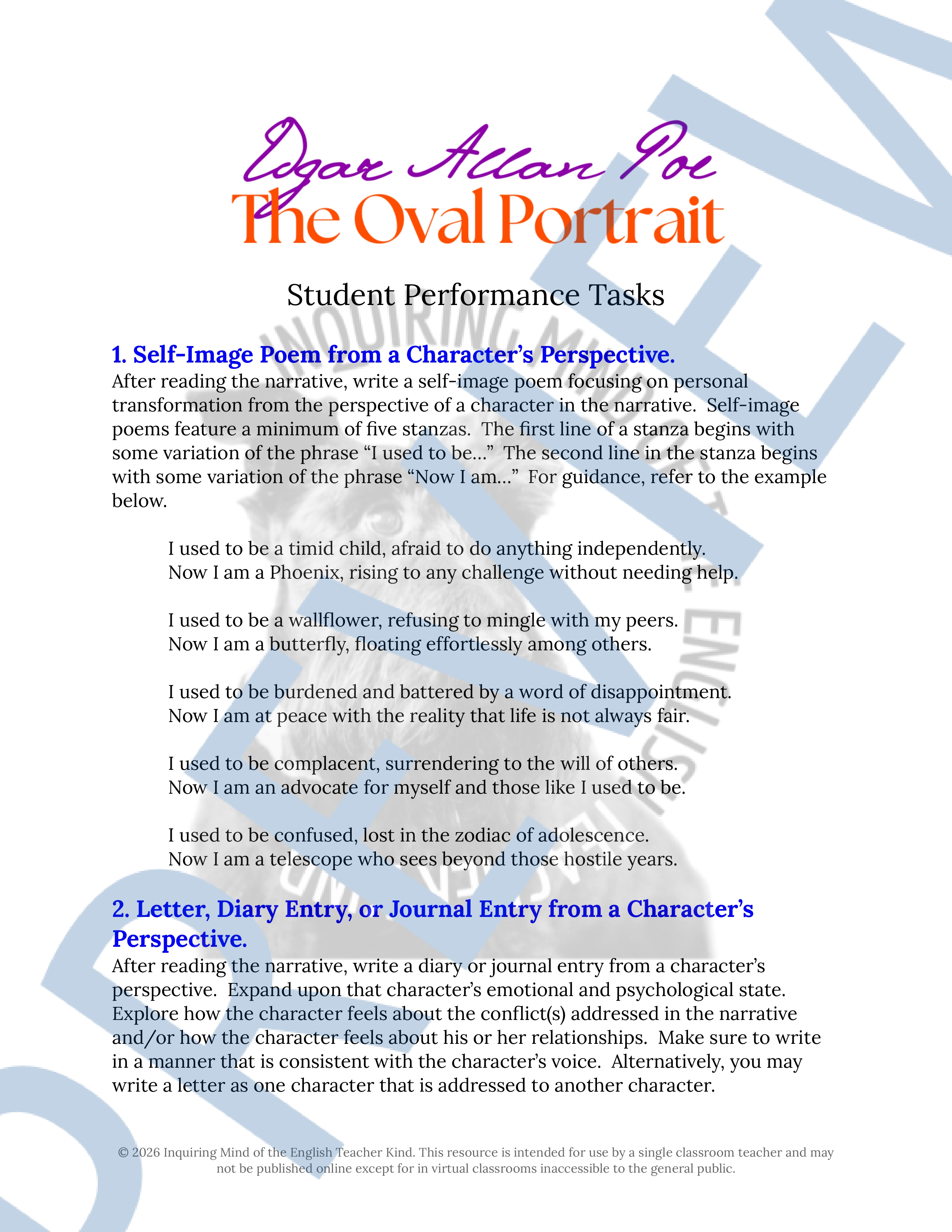 "The Oval Portrait" by Edgar Allan Poe Analysis Worksheet & High School ...