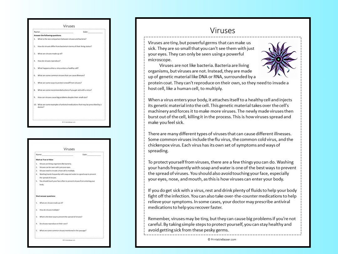 Viruses Reading Comprehension Passage Printable Worksheet | Teaching ...