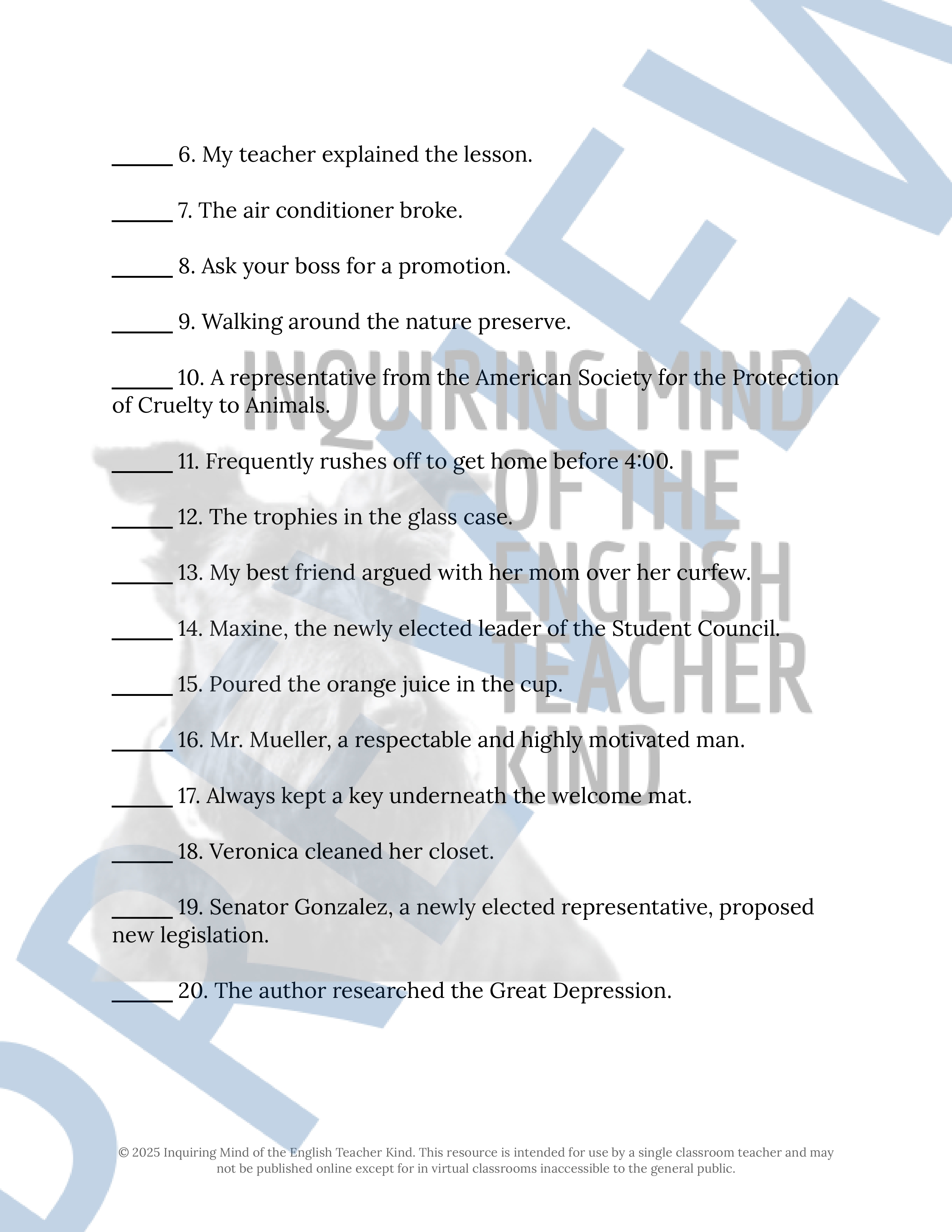 Grammar Practice Review Worksheet on Complete Sentences and Fragments ...