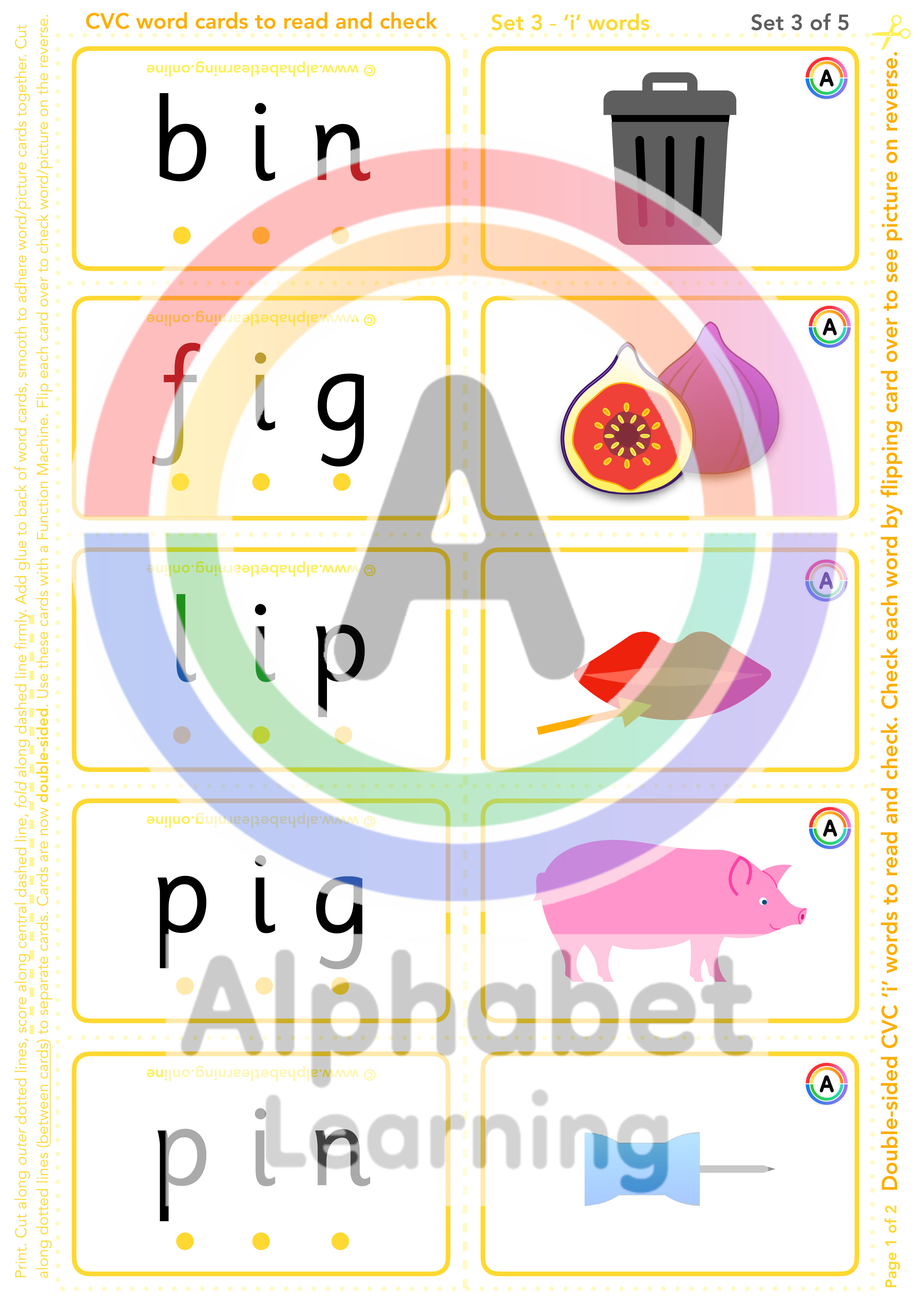 CVC 'i' word/picture cards - Double-sided (Set 3 of 5) | Teaching Resources