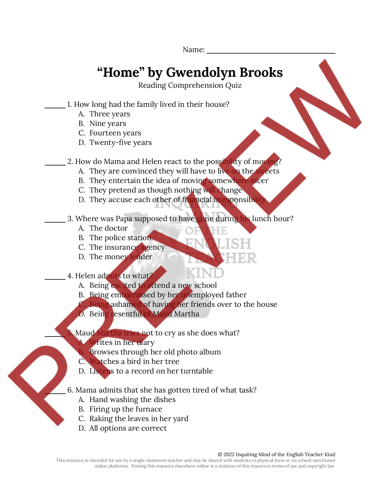 “Home” by Gwendolyn Brooks Quiz and Answer Key | Teaching Resources
