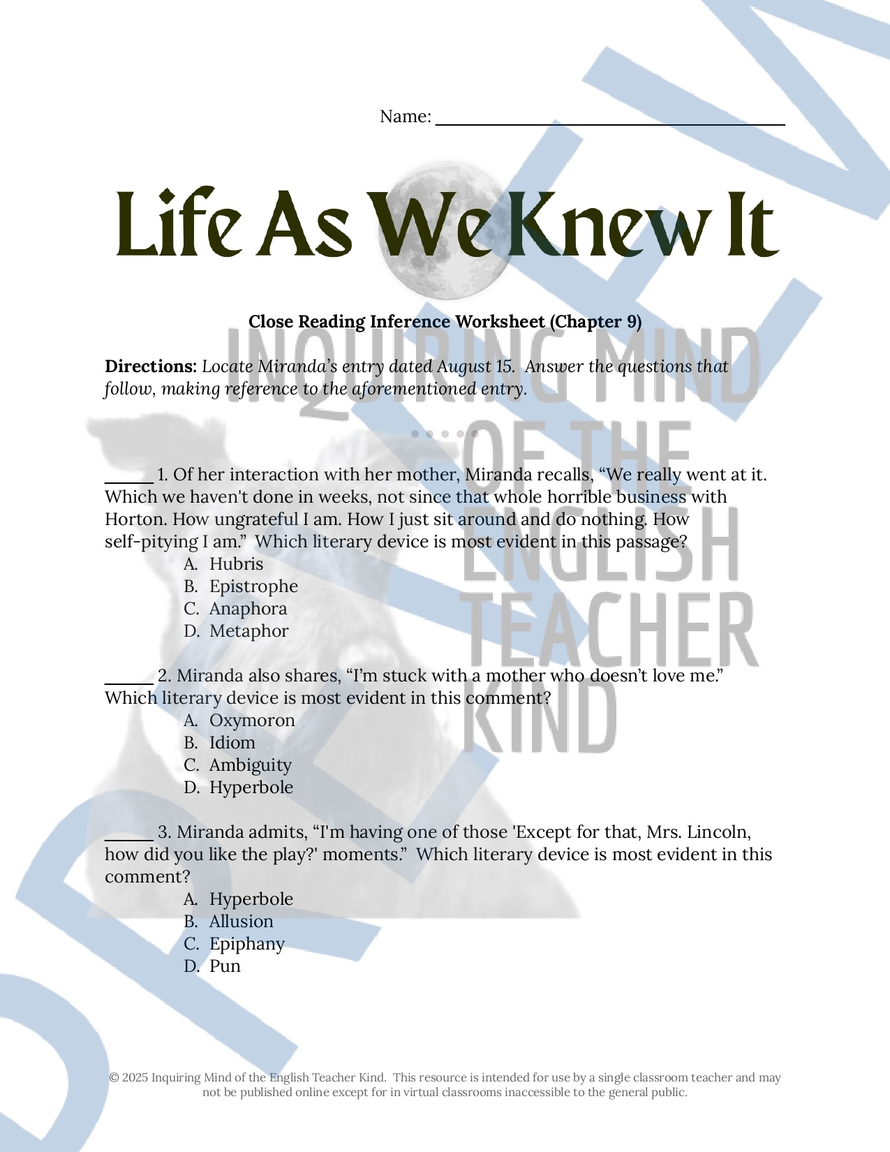 Life As We Knew It Chapter 9 Close Reading Inference Worksheet and ...