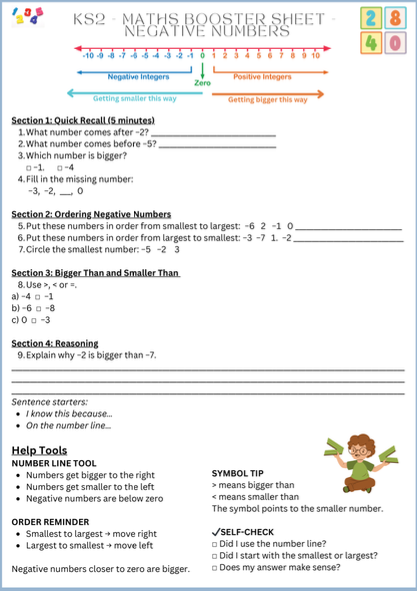 KS2/Maths/Section 1/Booster Worksheet Negative Numbers/Revision/Skills ...
