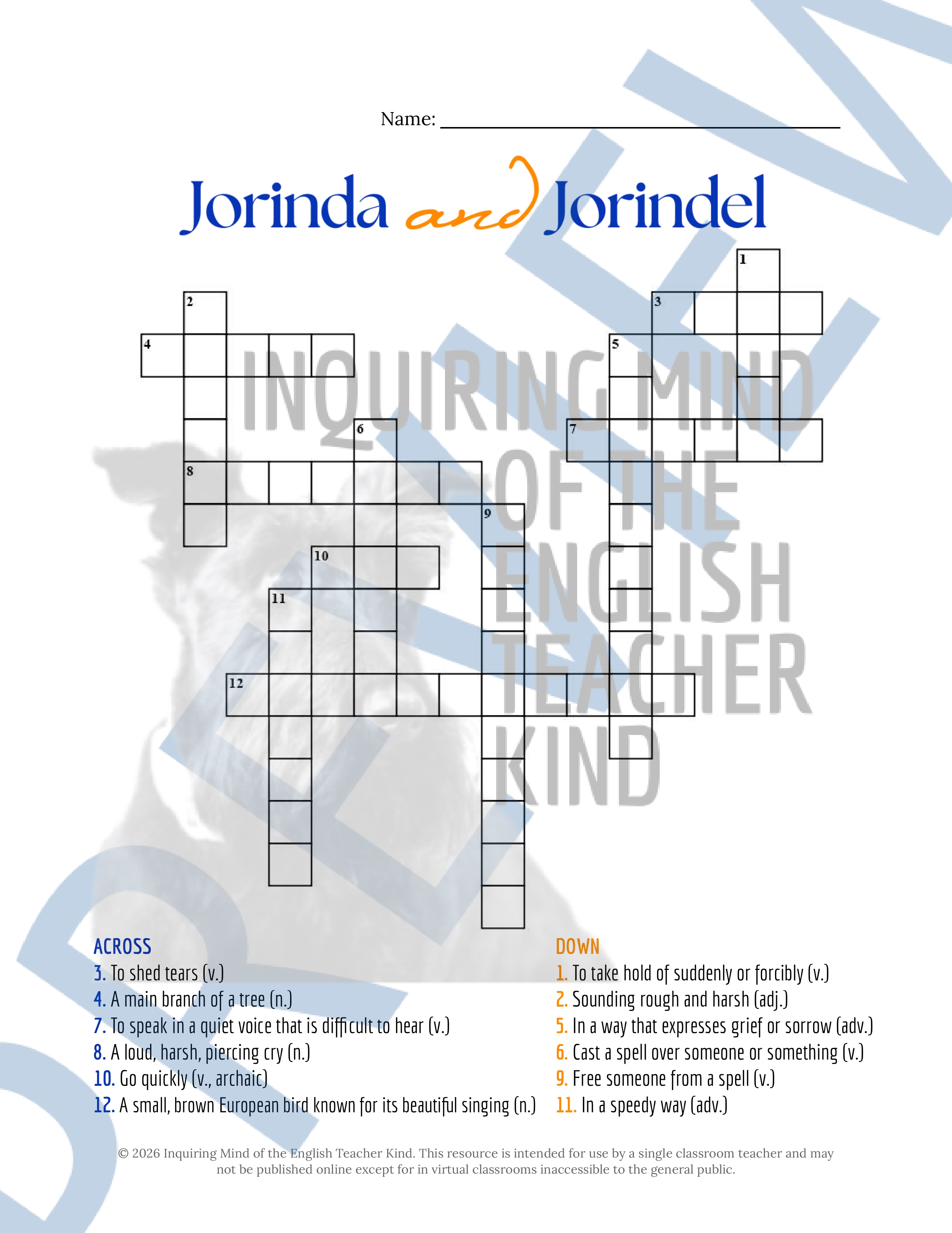 "Jorinda and Jorindel" Vocabulary Activities | Grimm's Fairy Tale ...