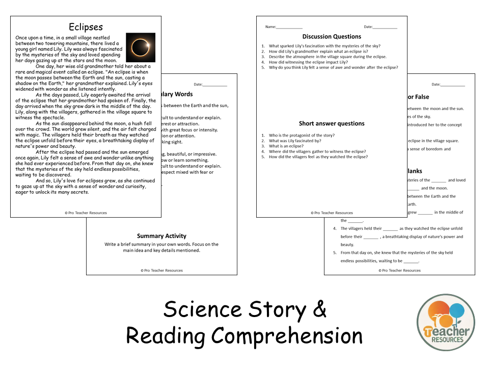Eclipses Reading Science Story Comprehension Questions Worksheet | Teaching Resources
