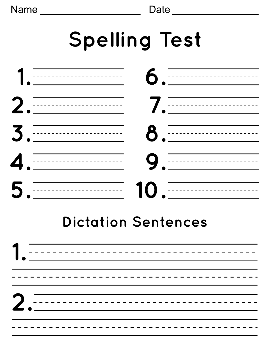 Spelling Test Template with 10 Words & Dictation Sentences ...